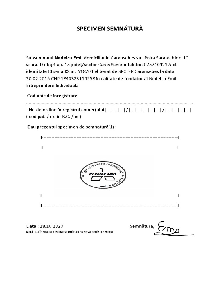 Specimen de Semnatura Varianta de Rezerva Intreprindere Individuala | PDF