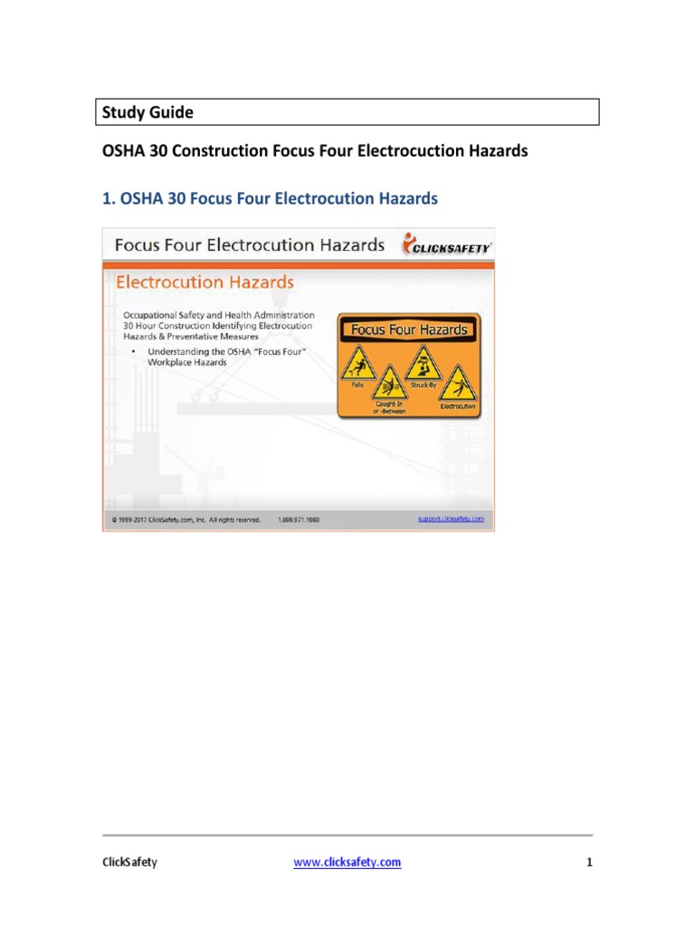 Study Guide OSHA 30 Construction Focus Four Electrocuction Hazards ...