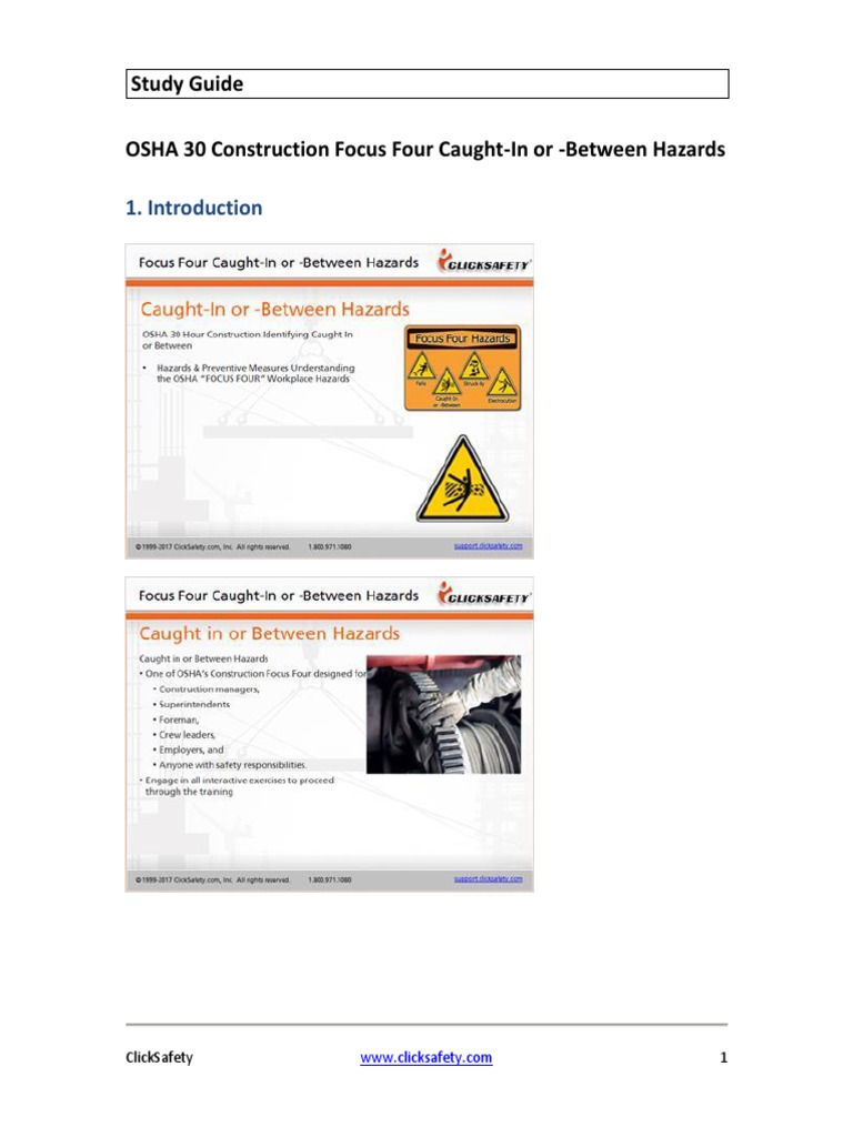 Study Guide OSHA 30 Construction Focus Four Caught-In or - Between ...