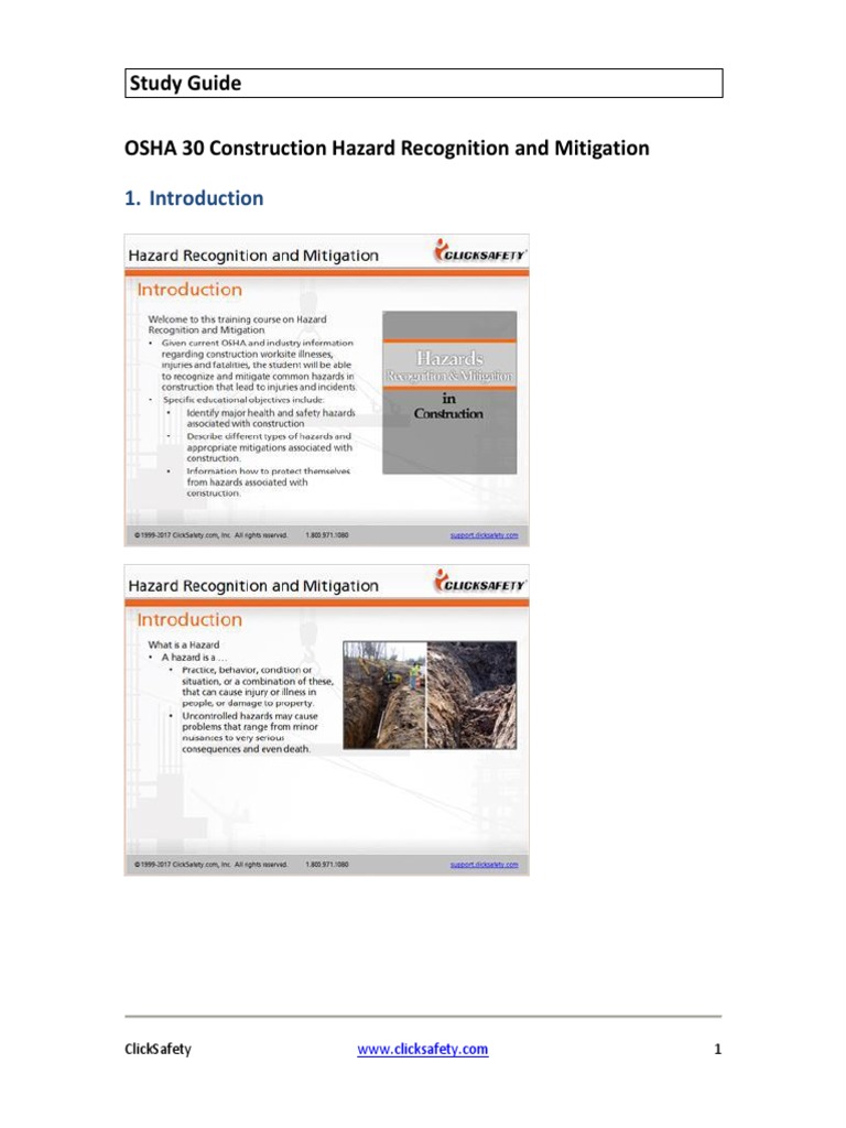 Study Guide OSHA 30 Construction Hazard Recognition and Mitigation | PDF