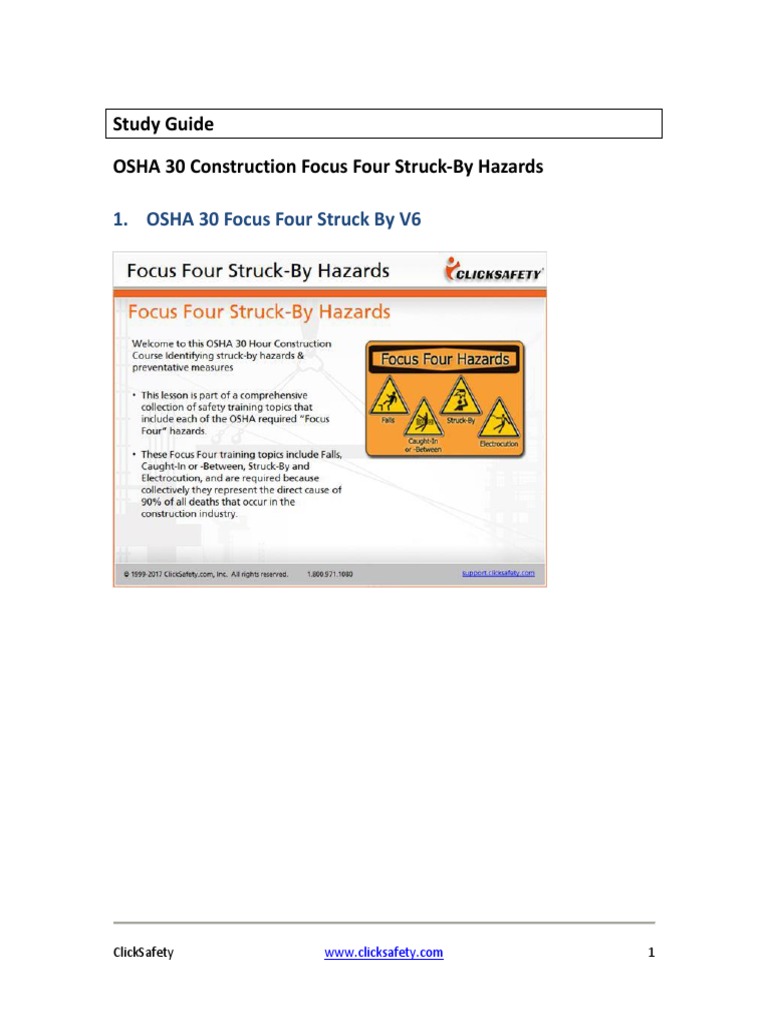 Study Guide OSHA 30 Construction Focus Four Struck-By Hazards | PDF