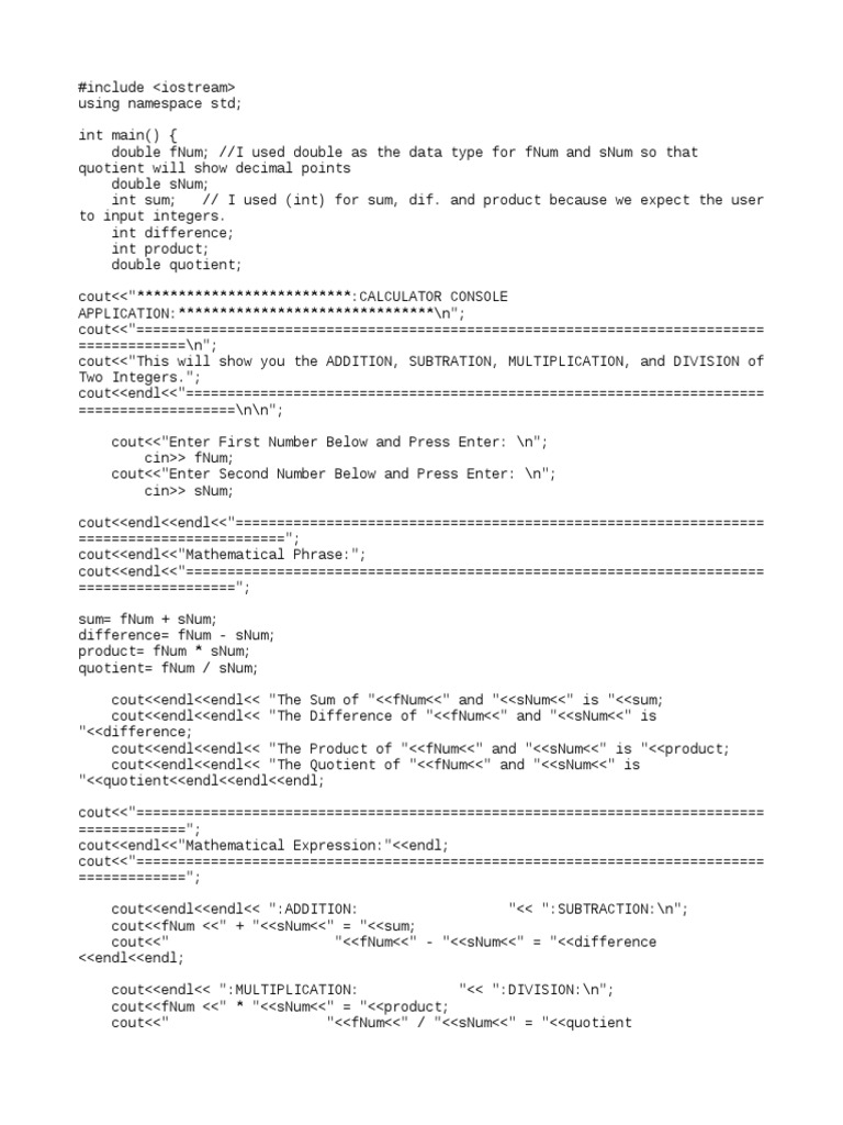 C++ Calculator Code | PDF