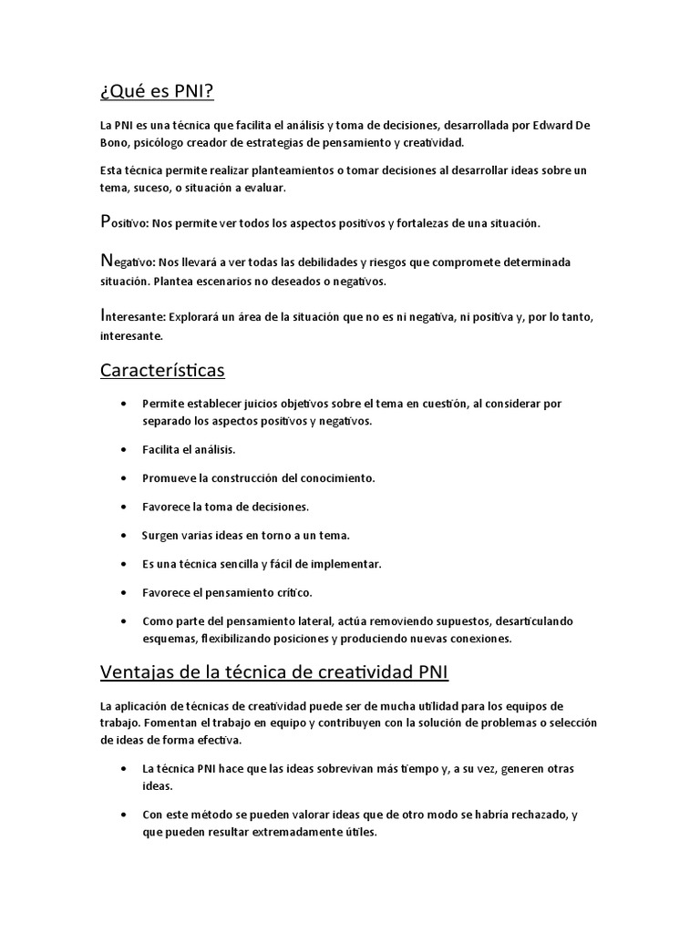 Tecnica PNI | PDF | Creatividad | Toma de decisiones