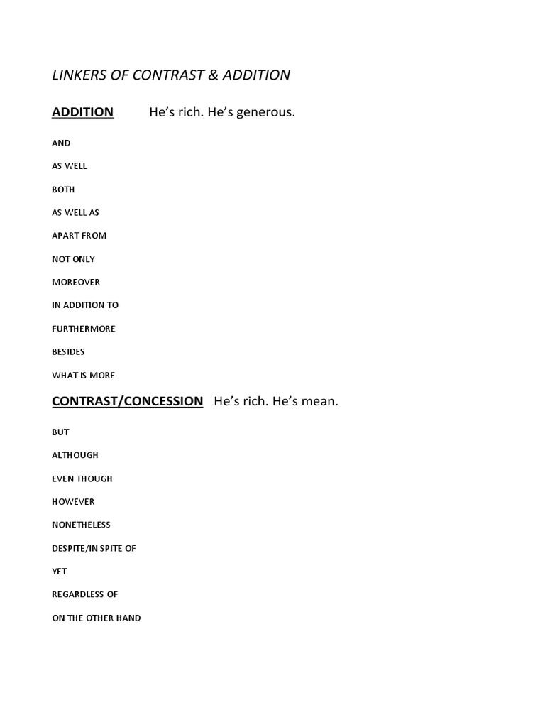 Linkers of Addition & Contrast | PDF