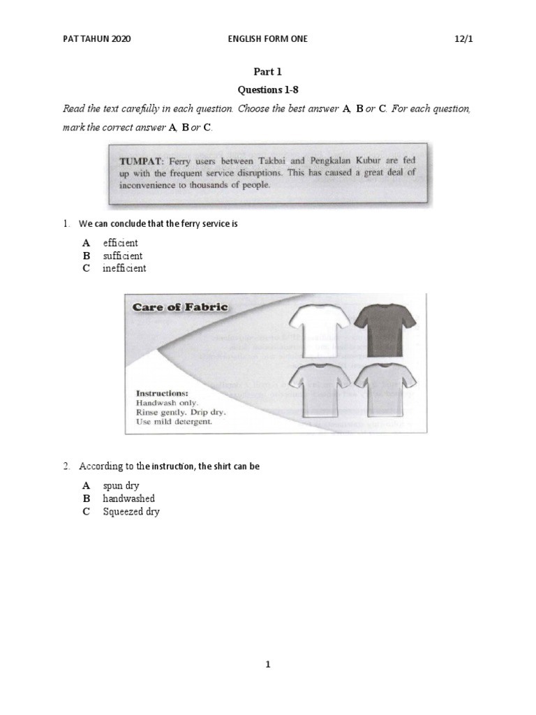 Paper 1 - English Form 1 Pat 2020 | PDF | Ginger | Laughter