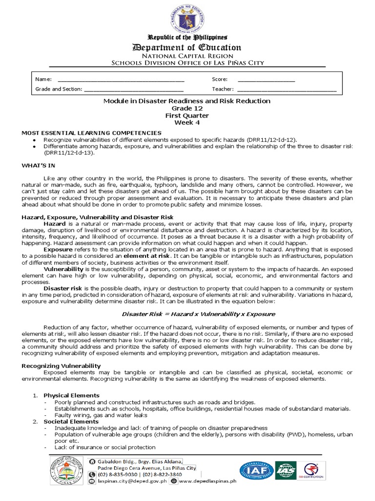 Department of Education: Module in Disaster Readiness and Risk ...