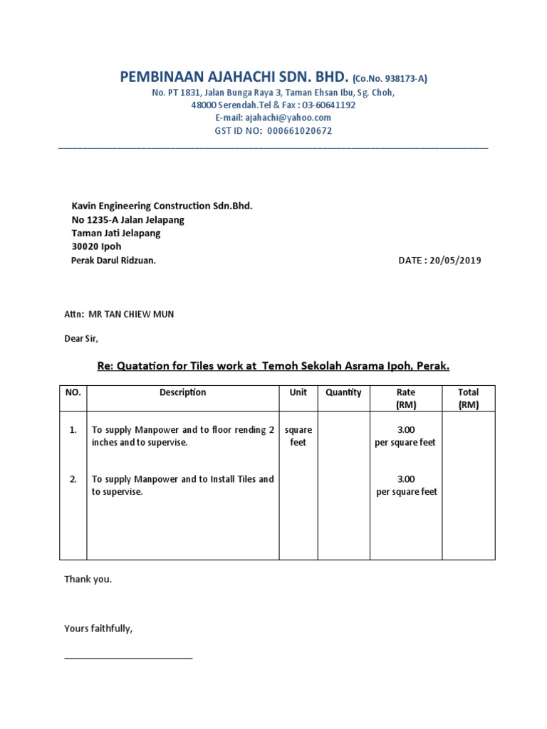 Quotation for Tile Work at Ipoh School | PDF