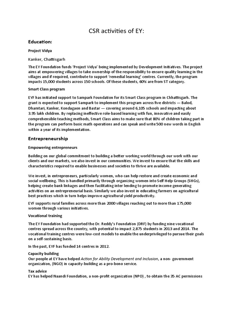 CSR Activities of EY:: Education | PDF | Entrepreneurship | Non ...