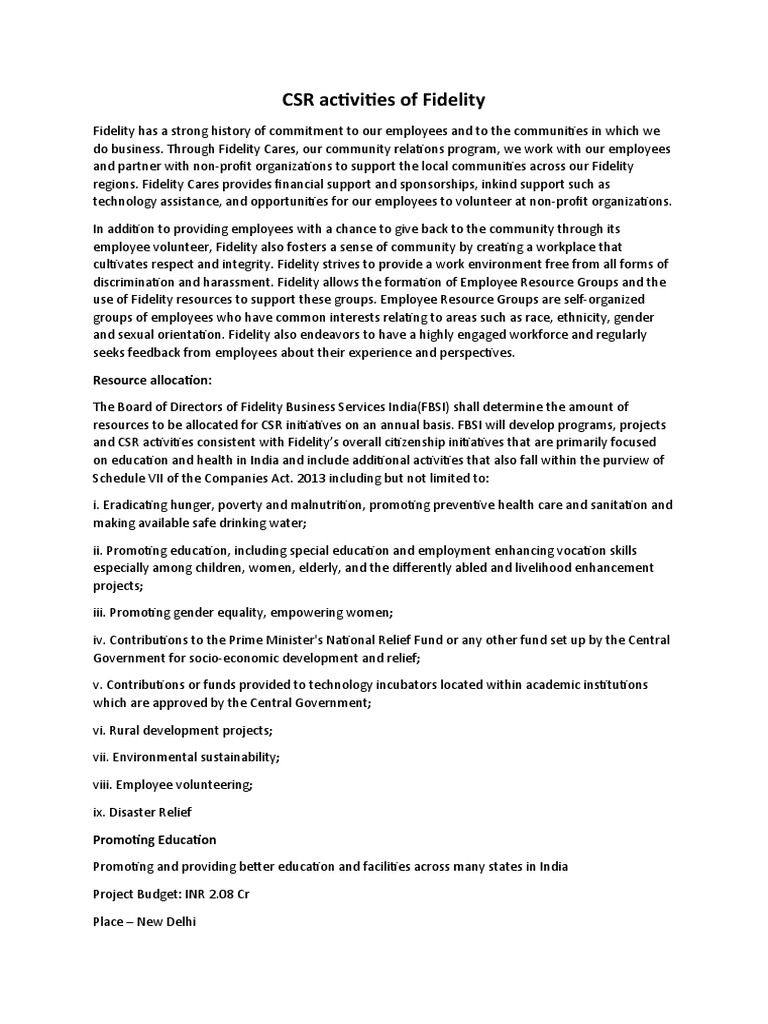 CSR Activities of Fidelity: Resource Allocation | PDF | Corporate ...