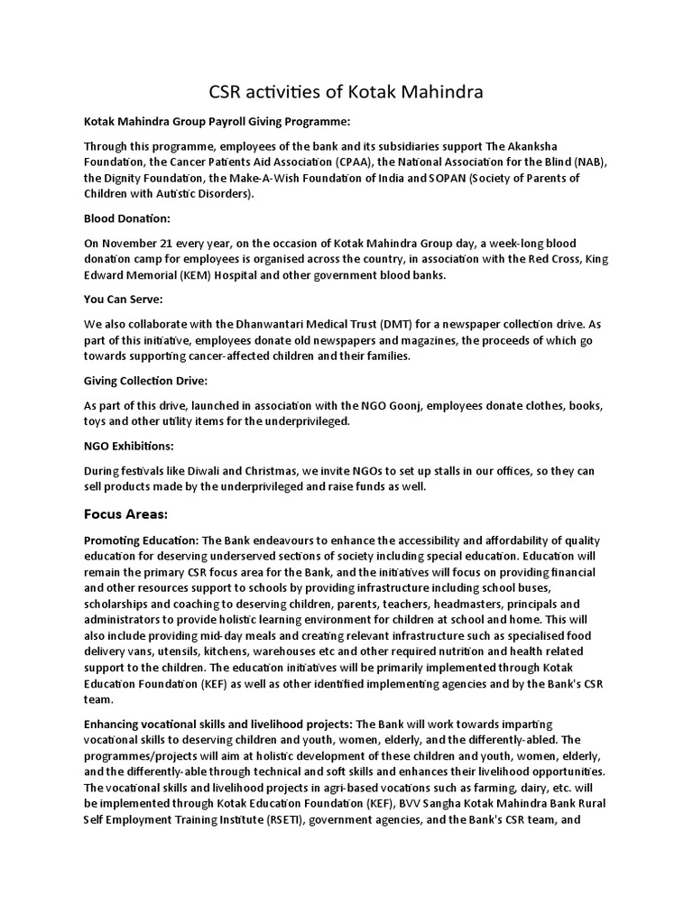 CSR Activities of Kotak Mahindra: Focus Areas | PDF | Sustainability ... CSR Activities of Kotak Mahindra: Focus Areas | PDF | Sustainability ...
