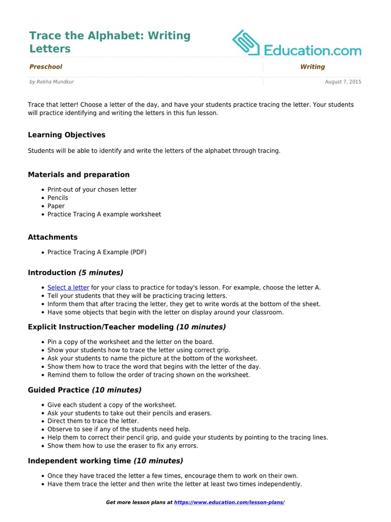 Trace The Alphabet: Writing Letters: Learning Objectives | PDF ...