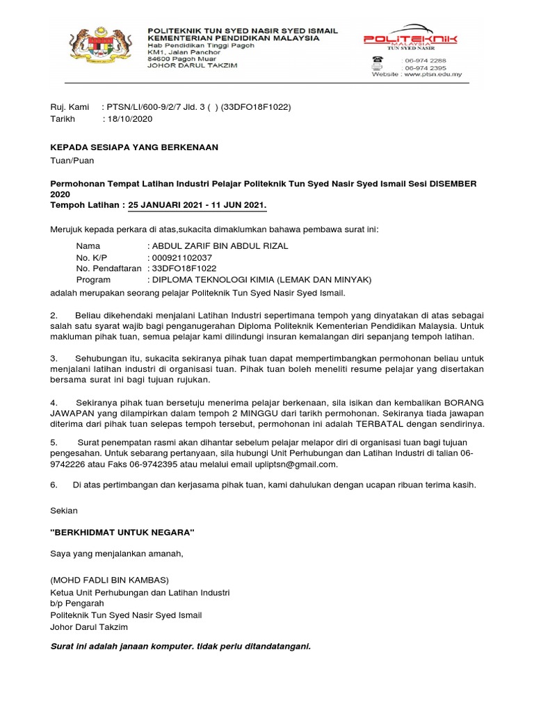 Borang Latihan Industri - Zarif | PDF