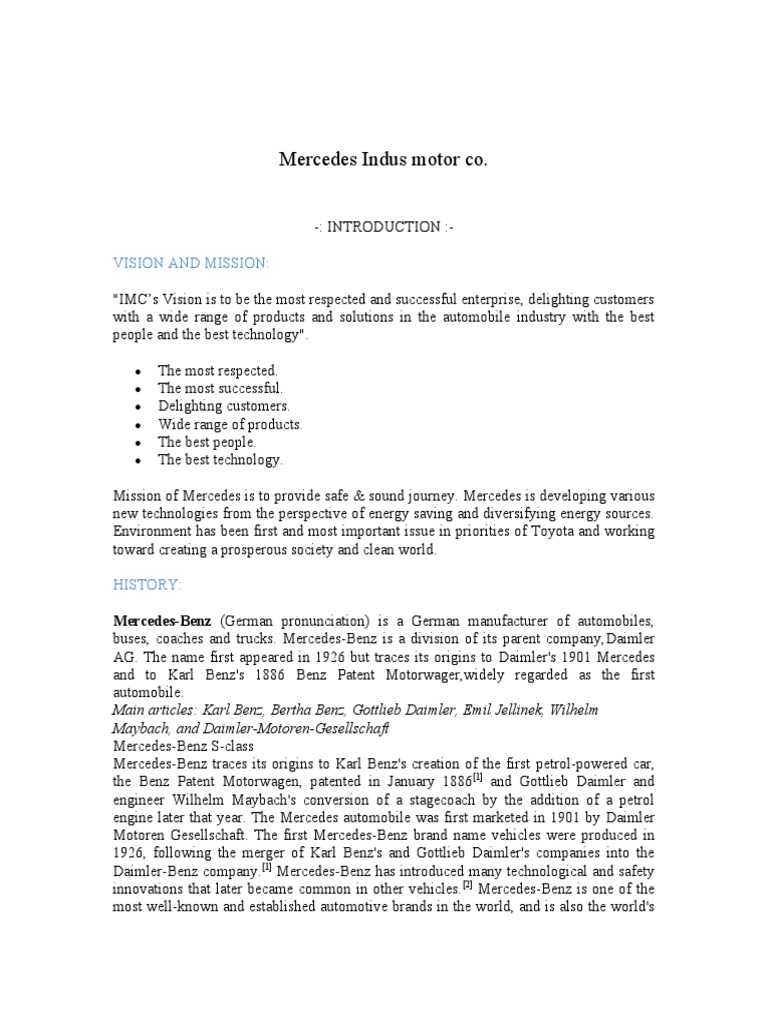 Mercedes Indus Motor Co.: Vision and Mission | PDF | Mercedes Benz ...