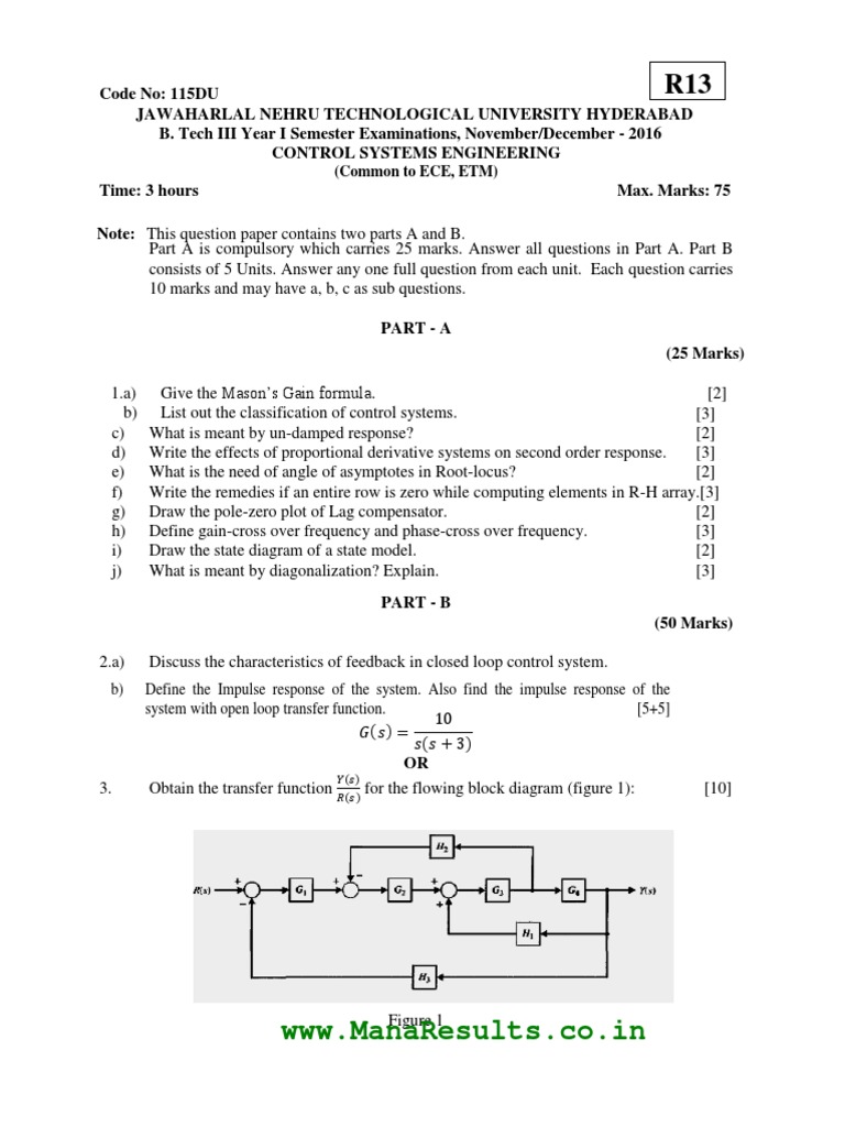 JNTUH Control Systems Exam Paper 2016 | PDF | Systems Theory | Systems ...