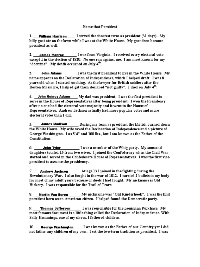 Name That President | PDF | Presidents Of The United States | American ...