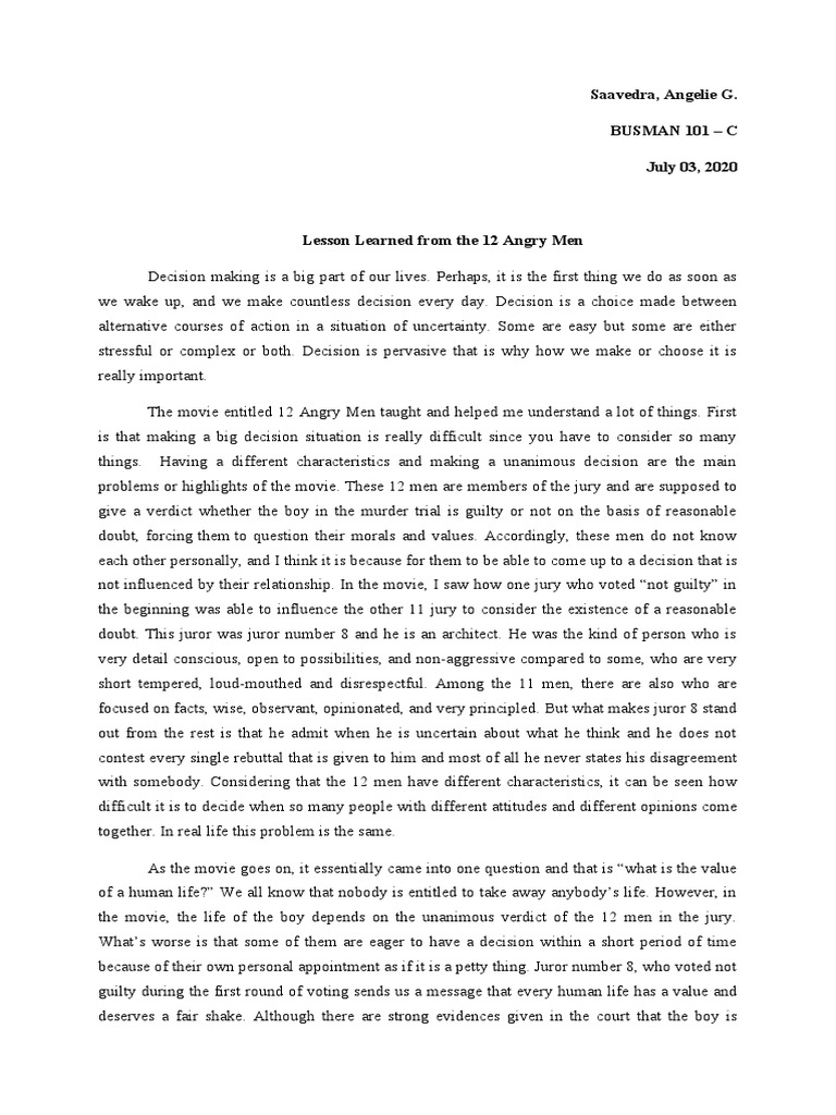 12 Angry Men Reflection Paper | PDF | Attitude (Psychology) | Mind