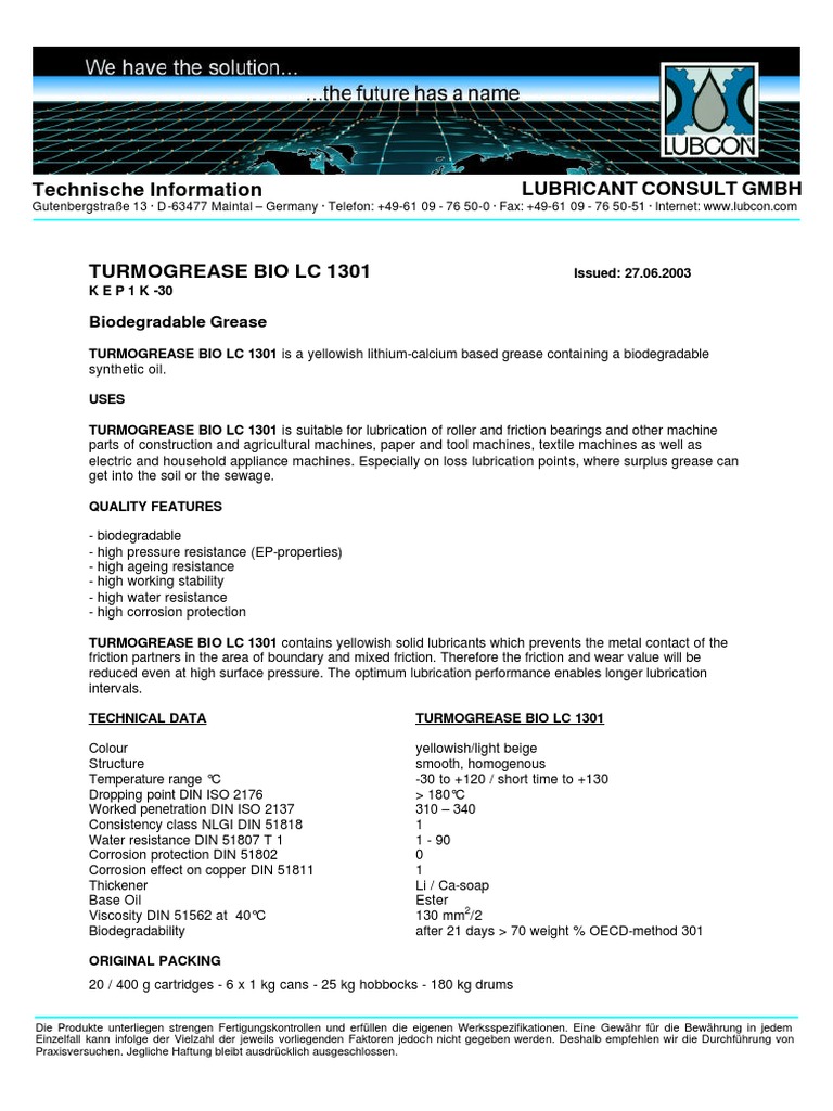 TURMOGREASE BIO LC 1301 Eng | PDF | Lubricant | Physical Sciences