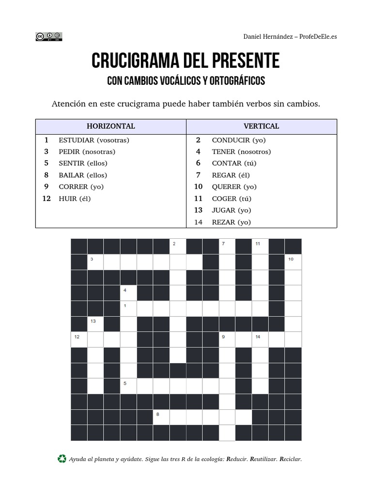 Un crucigrama sobre verbos en presente con cambios vocálicos y ...
