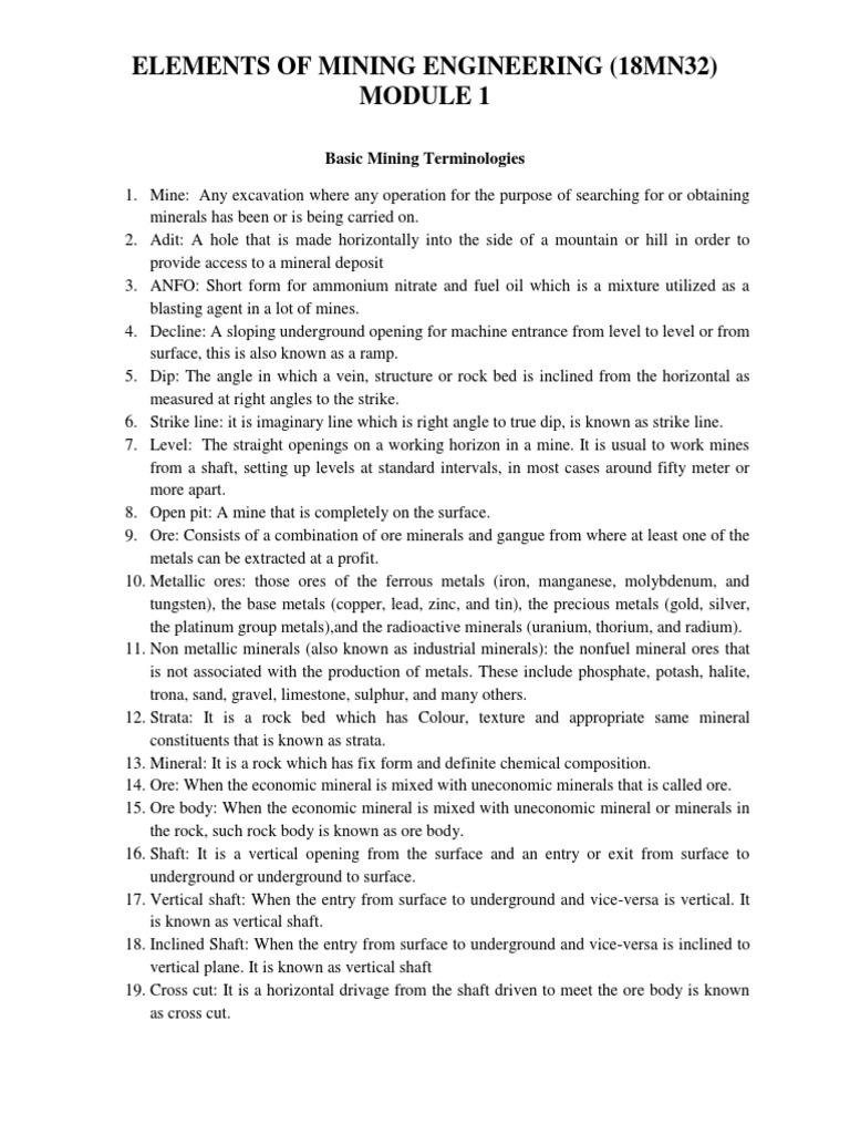 Elements of Mining Engineering (18Mn32) | PDF