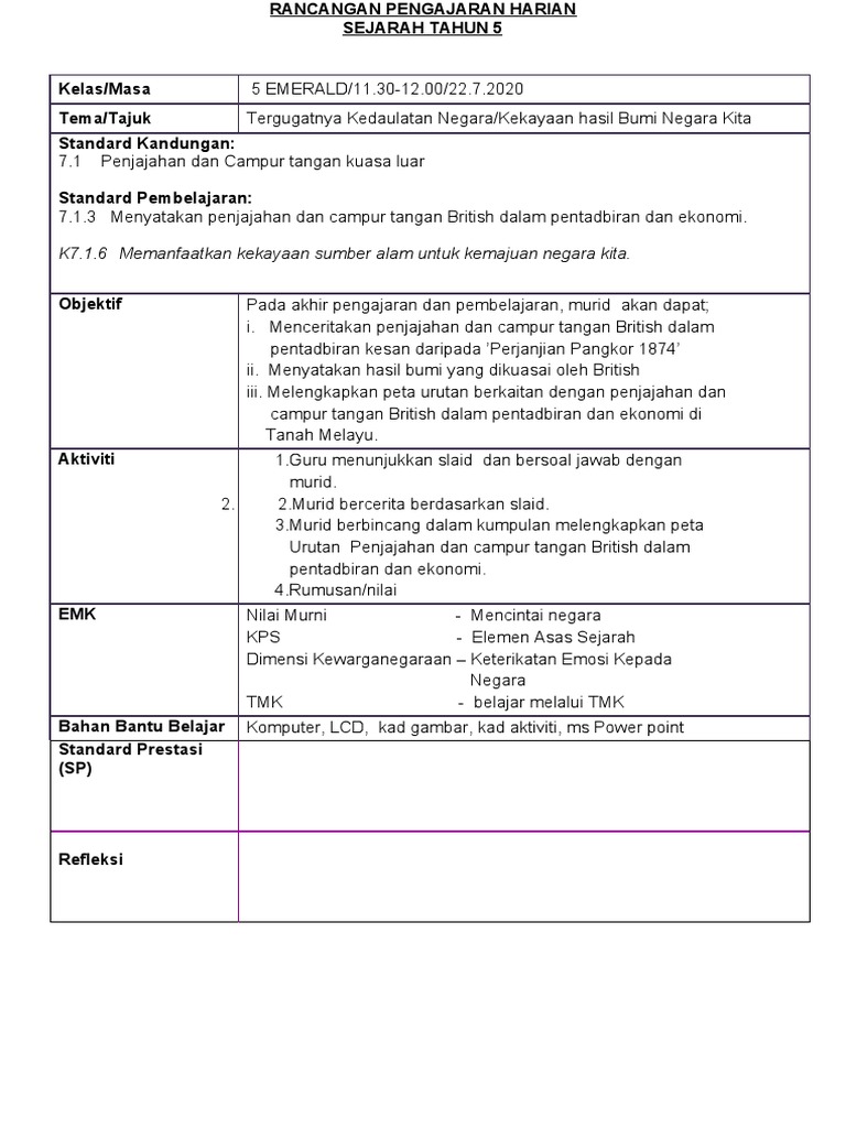 RPH Sejarah Tahun 5 2020 | PDF