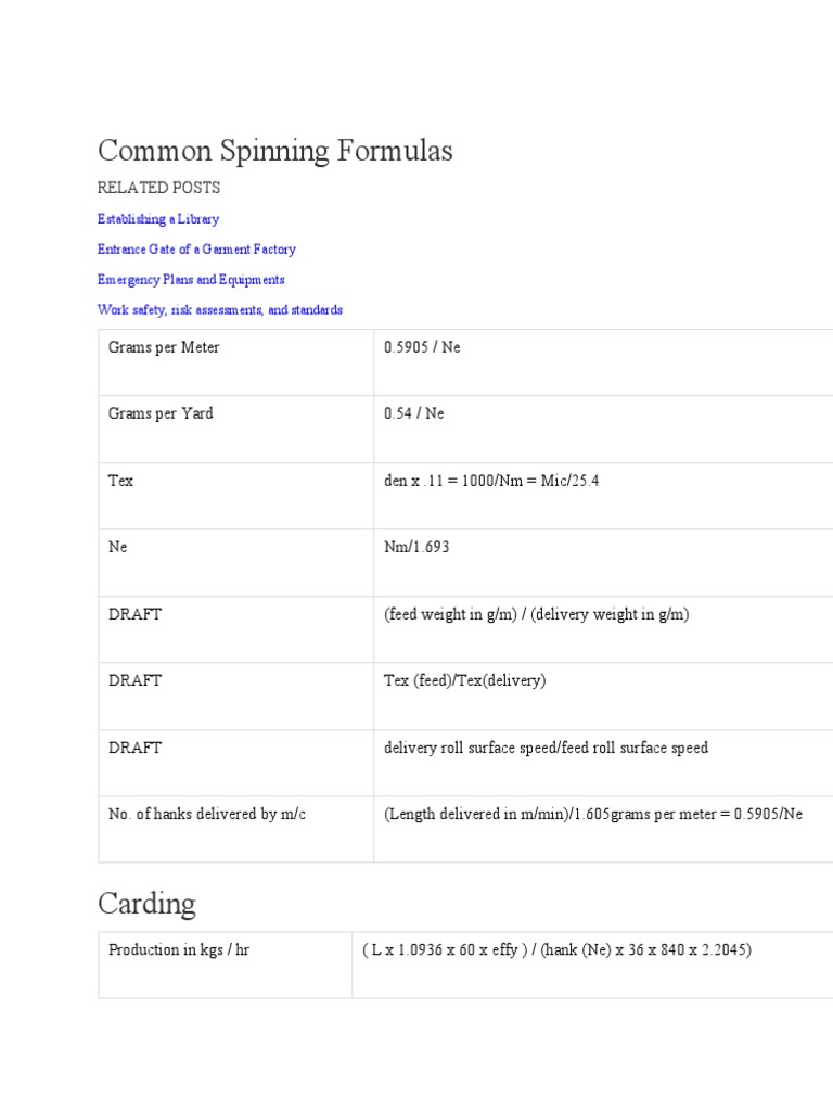 Common Spinning Formulas | PDF | Spinning (Textiles) | Textiles