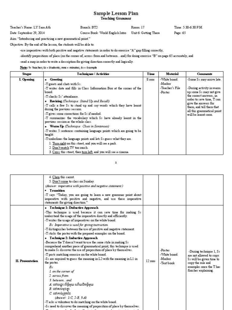 Sample Lesson Plan: Teaching Grammar | PDF | Grammar | Communication