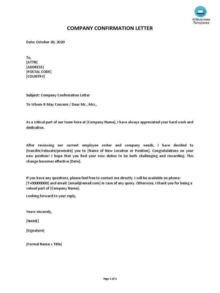 Company Confirmation Letter Form in Word | PDF