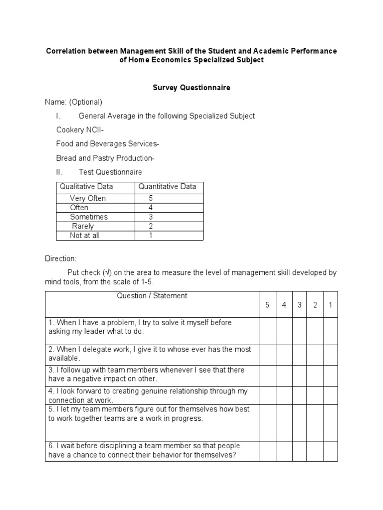 Correlation Between ManagemeSurvey Questionnaire | PDF | Survey ...