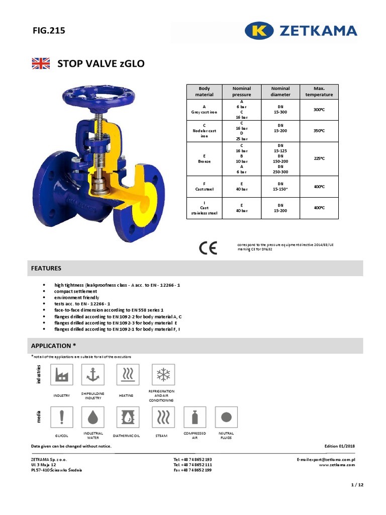 Stop Valve Zglo: Features | PDF | Mechanical Engineering | Chemistry