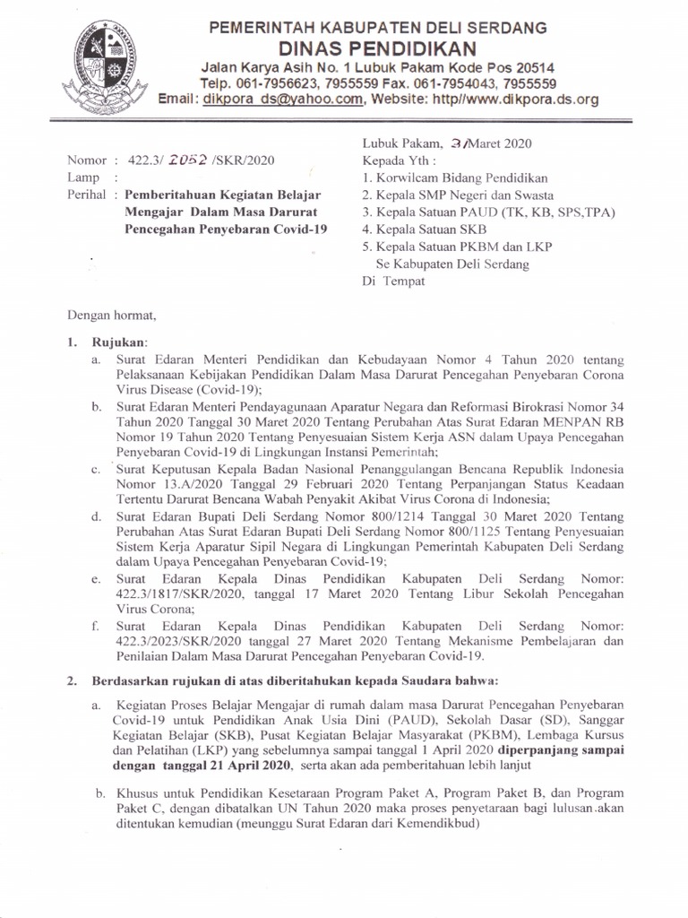 Surat Pemberitahuan Kegiatan Belajar Mengajar Dalam Masa Darurat Penyebaran Covid-19 | PDF