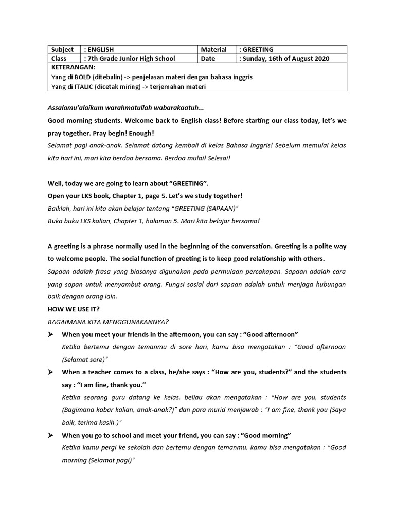 English Material - 7th Grade - 160820 | PDF
