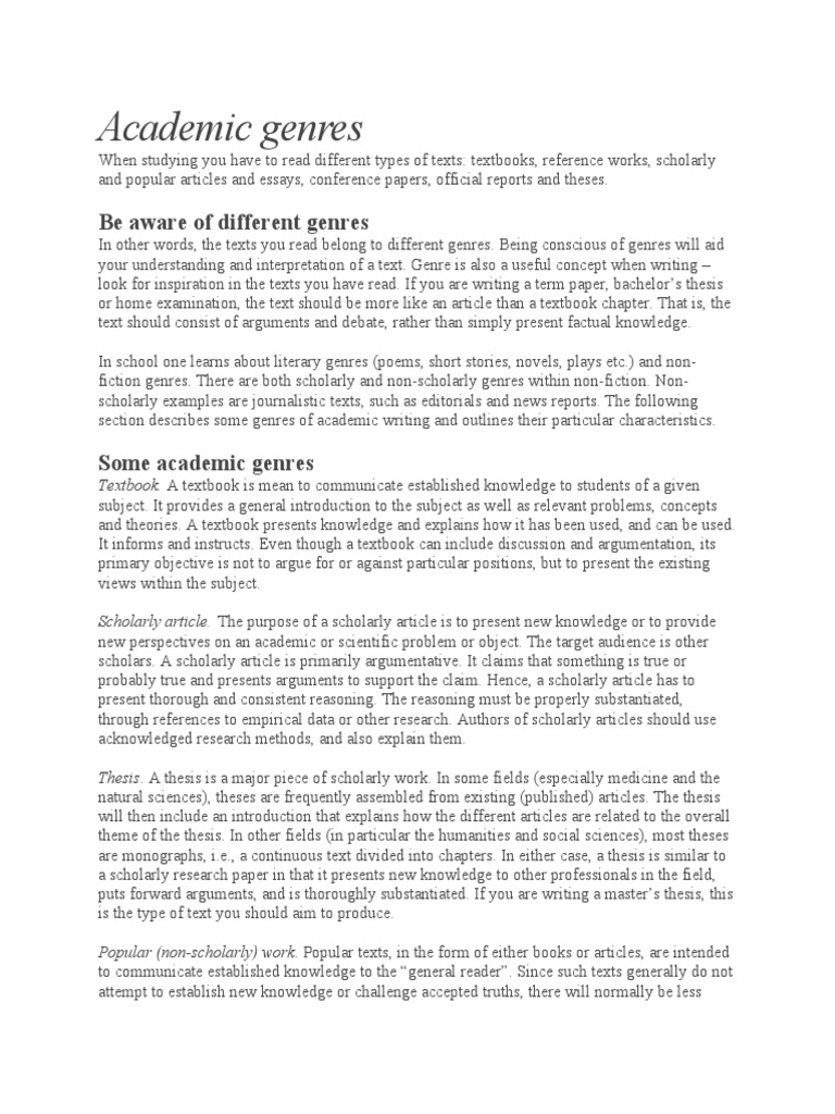 Academic Genres: Be Aware of Different Genres | PDF | Genre | Thesis
