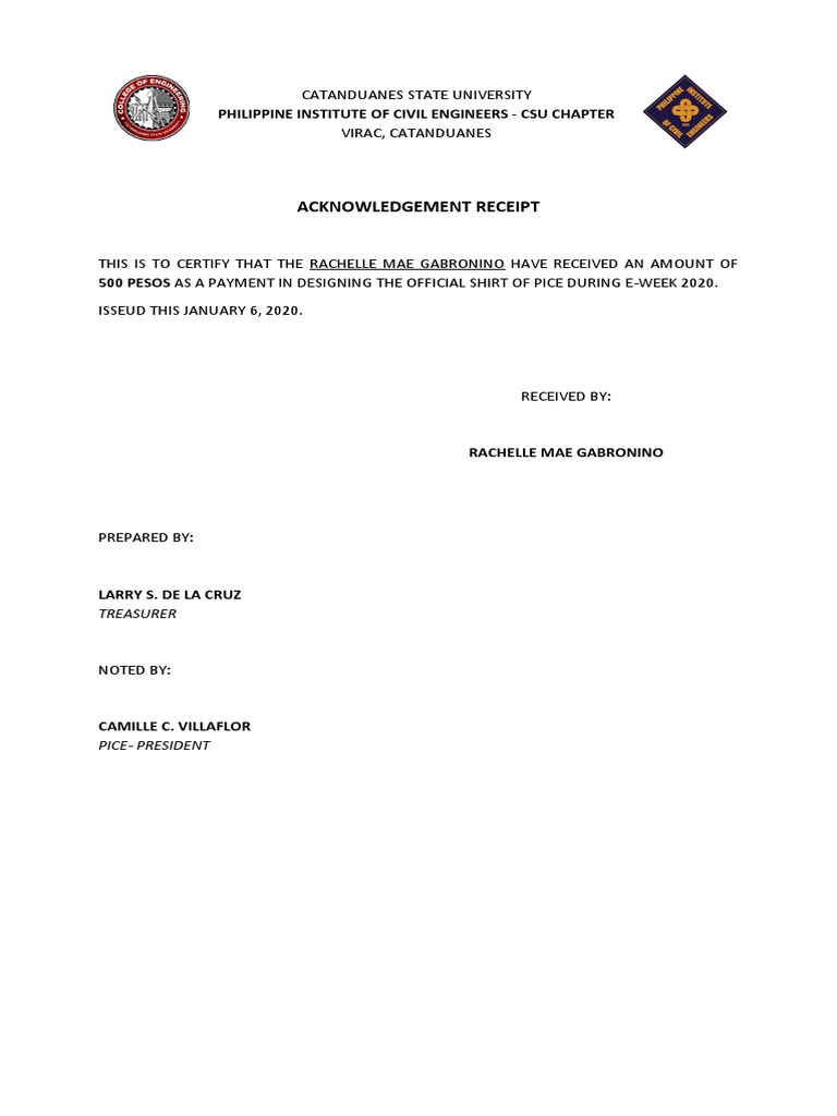 Acknowledgement Receipt: Philippine Institute of Civil Engineers - Csu ...