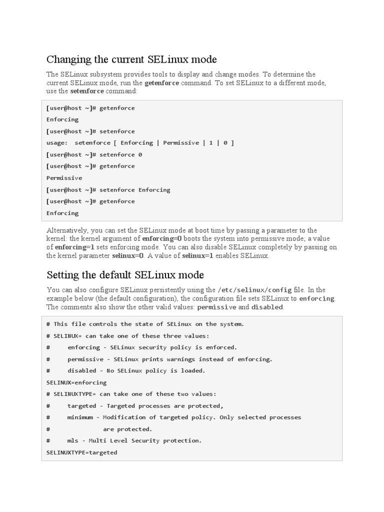 Changing The Current Selinux Mode: (User@Host ) # Getenforce | PDF ...