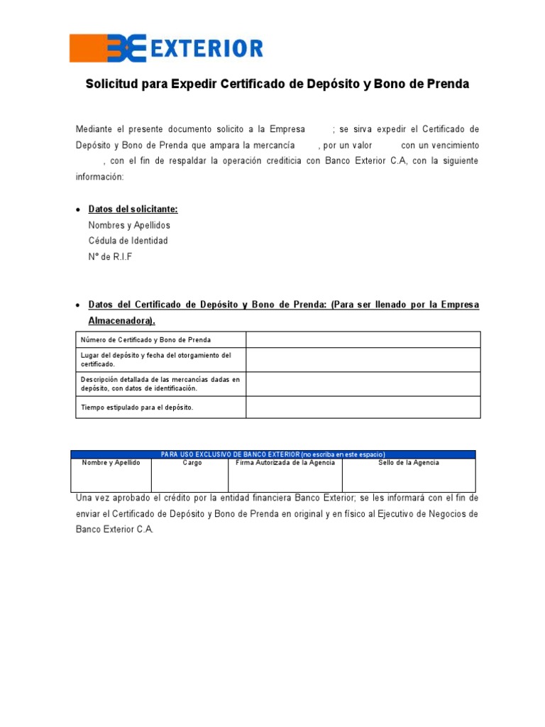 Solicitud Para Expedir Certificado De Deposito Y Bono De Prenda Pdf