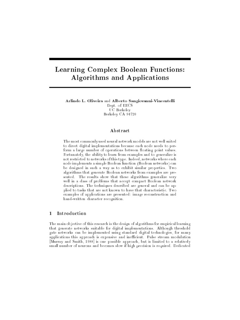 Learning Complex Boolean Functions: Algorithms and Applications | PDF | Algorithms | Theoretical ...