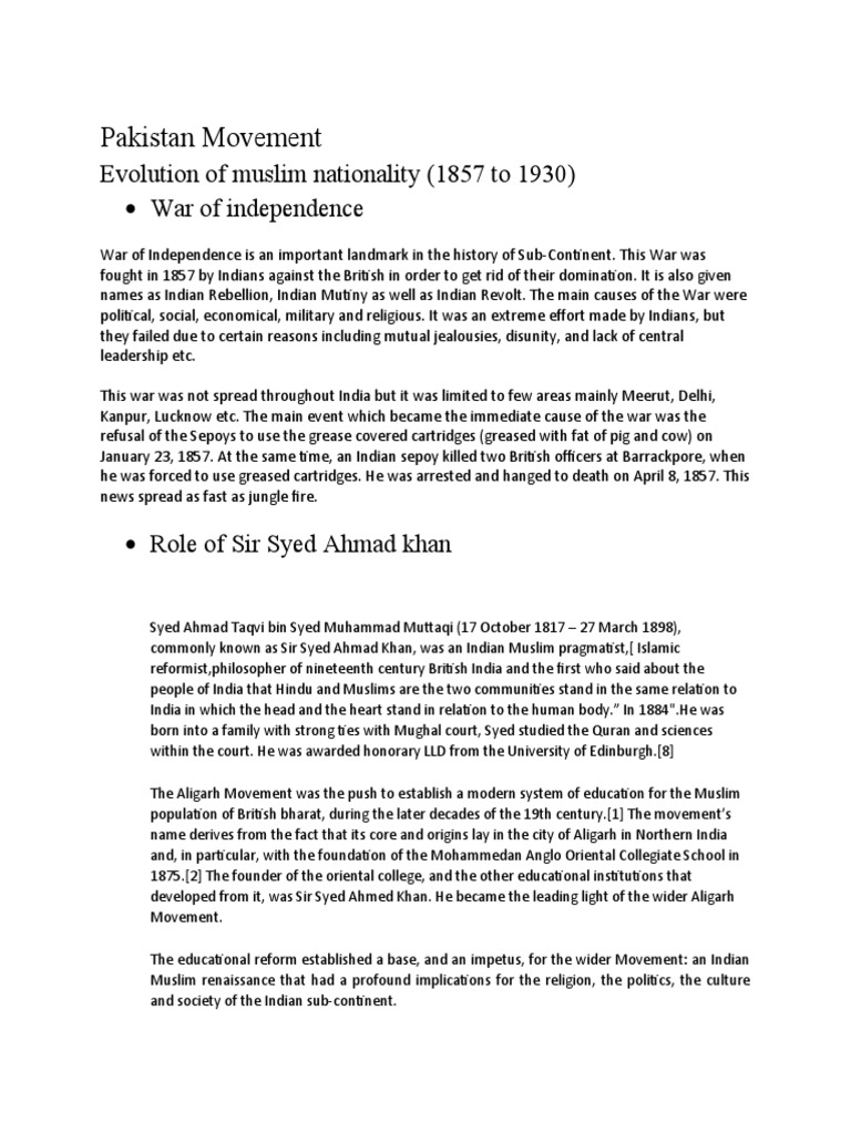 Pakistan Movement: Evolution of Muslim Nationality (1857 To 1930) War ...