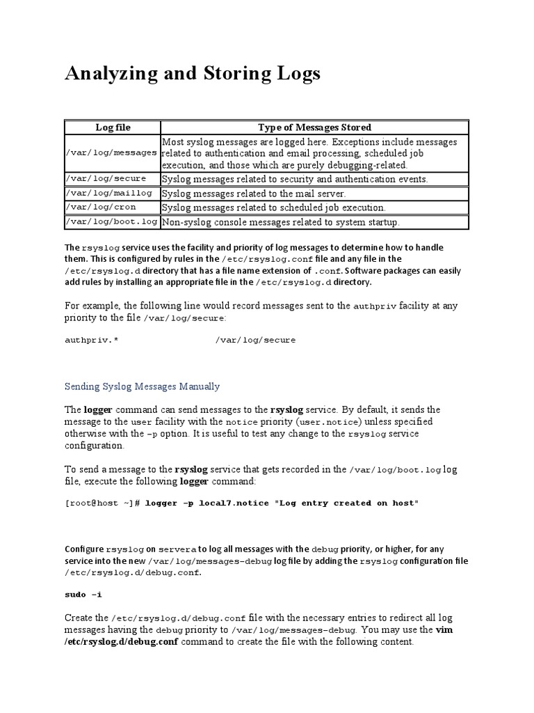 Analyzing and Storing Logs: Log File Type of Messages Stored | PDF ...