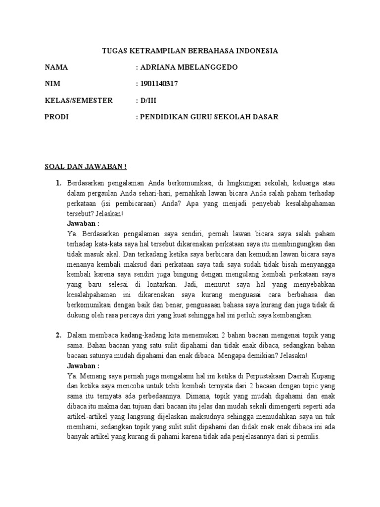 Tugas Ketrampilan Berbahasa Indonesia (Adriana Mbelanggedo) | PDF