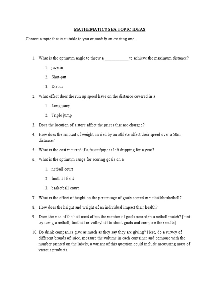 Maths Sba Topic Ideas | PDF