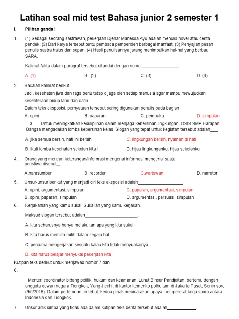 Latihan Soal Mid Test Bahasa Junior 2 Semester 1 | PDF
