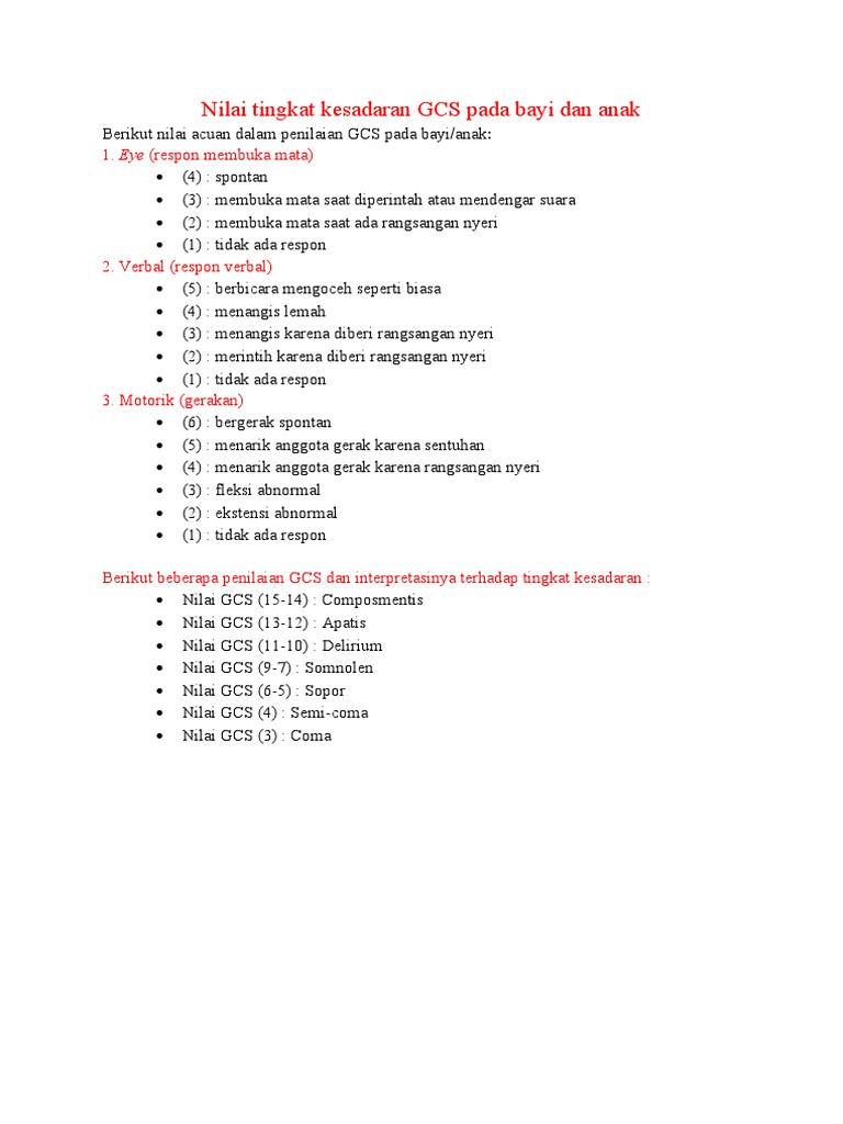 Nilai Tingkat Kesadaran GCS Pada Bayi Dan Anak | PDF