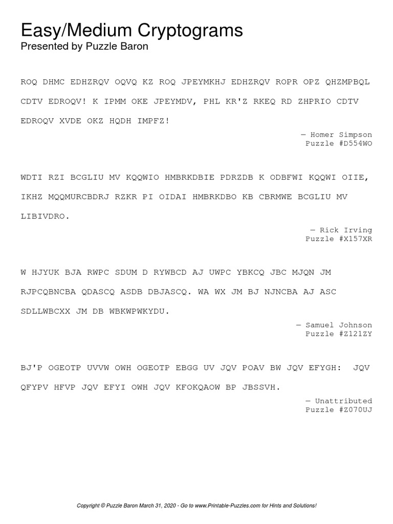 Easy/Medium Cryptograms: Presented by Puzzle Baron | PDF