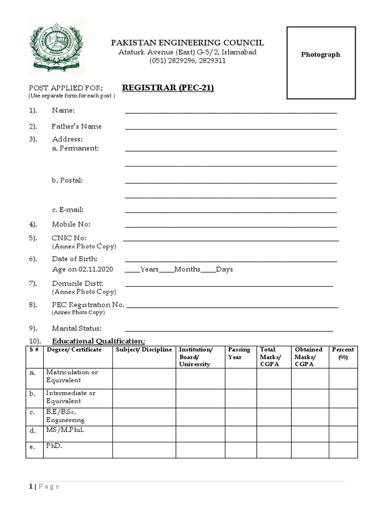 PEC Job Application Form - Registrar | PDF | Educational Stages ...