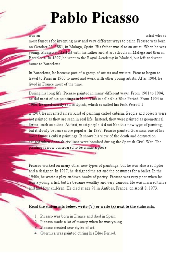 Pablo Picasso Direct Method Activities Reading Comprehension Exe ...