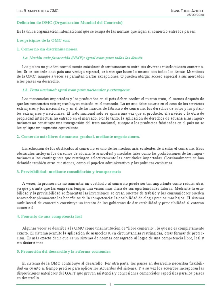 Joana Feijoó Los 5 Principios de La OMC GACI PDF | PDF | Organización ...