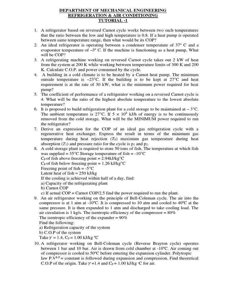 RAC Tutorial Sheet 1 | PDF | Heat Pump | Refrigeration