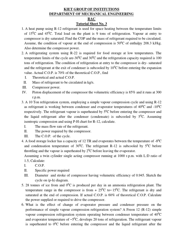 RAC Tutorial Sheet 3 | Download Free PDF | Refrigeration | Heat Exchanger
