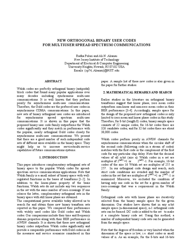 New Orthogonal Binary User Codes For Multiuser Spread Spectrum Communications | PDF | Basis ...