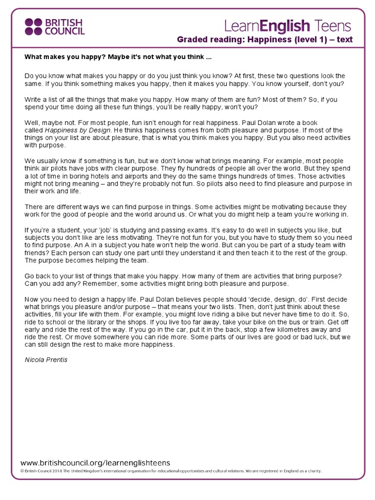 Graded Reading: Happiness (Level 1) - Text: What Makes You Happy? Maybe ...